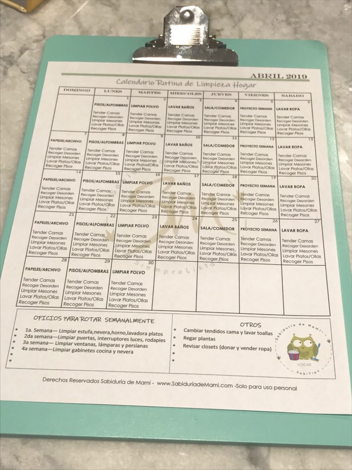 Calendario Rutina de Limpieza Semanal + Lista Imprimible Gratis ...