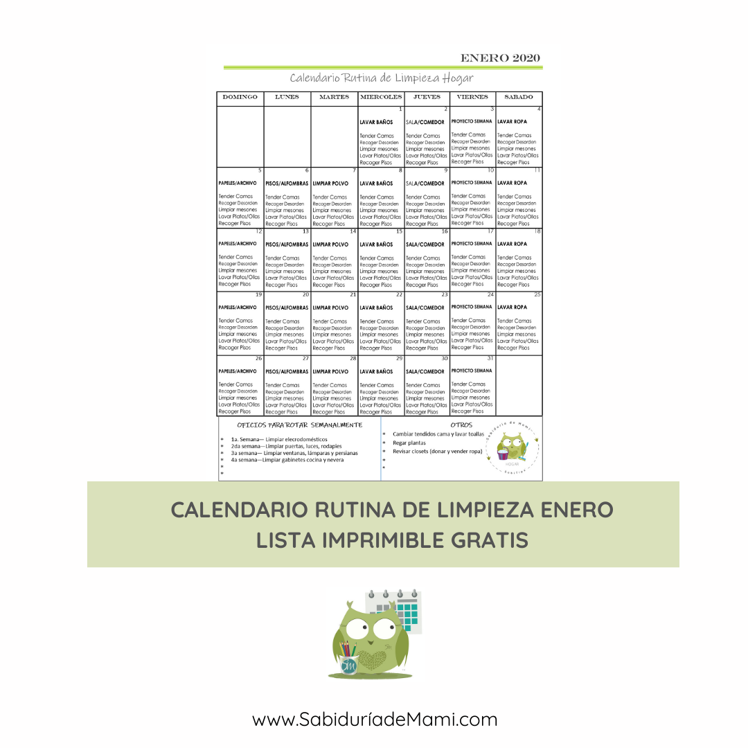 Calendario Gratis Rutina de Limpieza Enero 2020 – Sabiduría de Mami