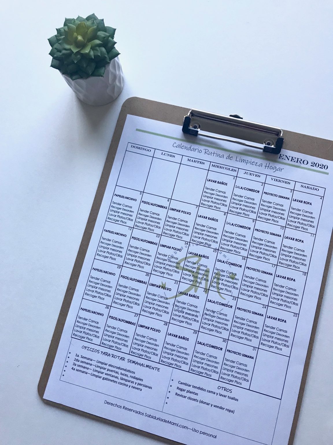 Calendario Gratis Rutina de Limpieza Enero 2020 – Sabiduría de Mami