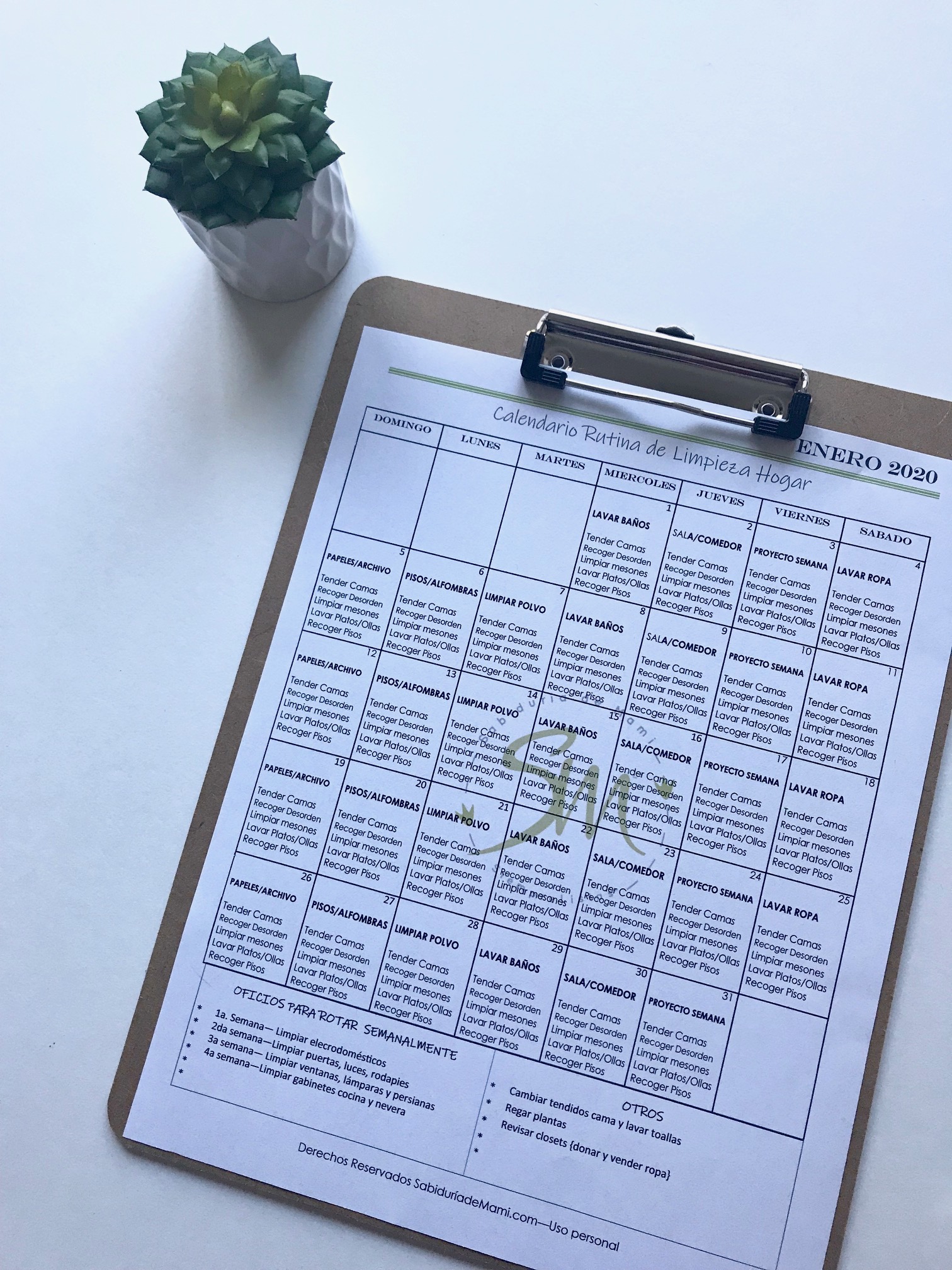 Calendario Gratis Rutina de Limpieza Enero 2020 – Sabiduría de Mami