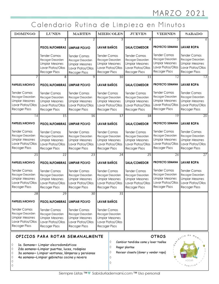 Calendario Rutina de Limpieza Marzo+ Imprimible GRATIS – Sabiduría de Mami