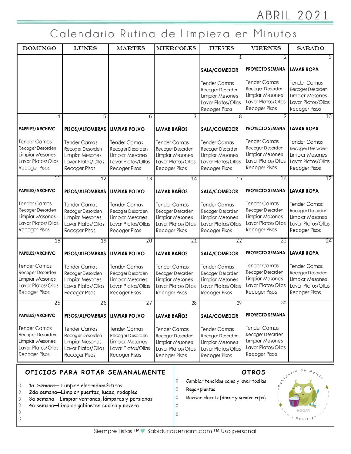 Calendario Rutina de Limpieza Abril + Lista Imprimible - Sabiduría de Mami