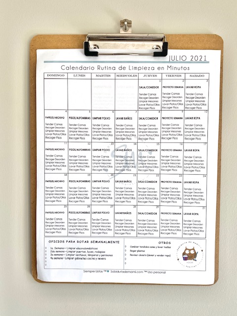 Calendario Rutina de Limpieza del mes – Sabiduría de Mami